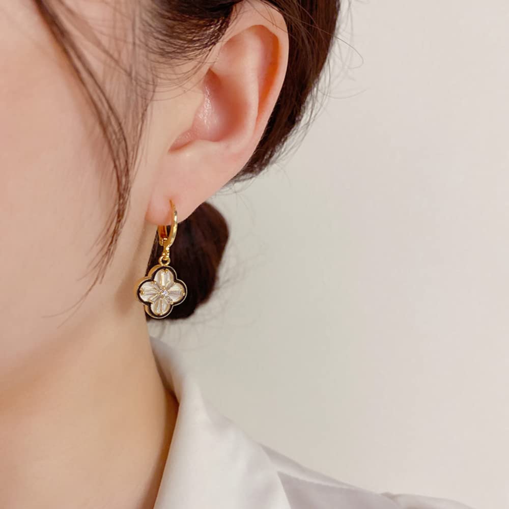 Four Leaf Clover Crystal Flower Statement Small Hoop Earring for Women Gold Plated Tiny Huggie Cubic Zirconia Dangle Drop Mini Hoop Earring Ear Cuff Pierced Jewelry Gift for Valentine's Day Birthday