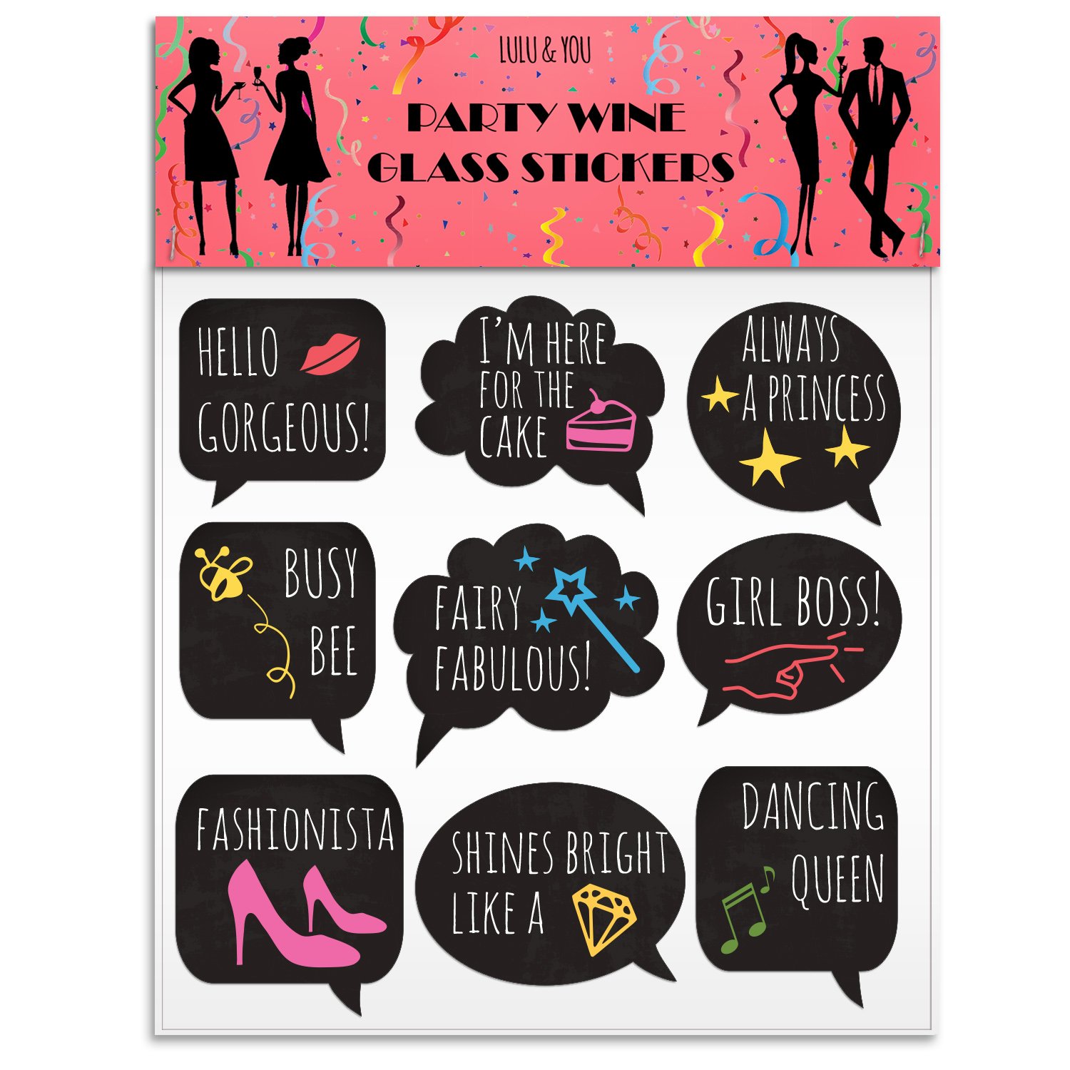 Funny Wine Glass Drink Markers - 18 Static Clings Reusable Glass Stickers - For Wine Tasting Party, Wine Gift and Favors