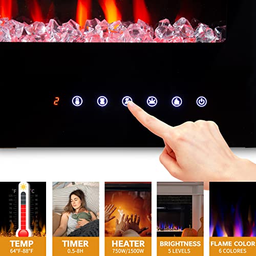 S-THROUGH Electric Fireplace Insert, Recessed and Wall Mounted Electric Fireplace Heater, 36 Inch Linear Electric Fireplace with Remote Control & Timer, Touch Screen, Adjustable Flame Color,750w/1500w