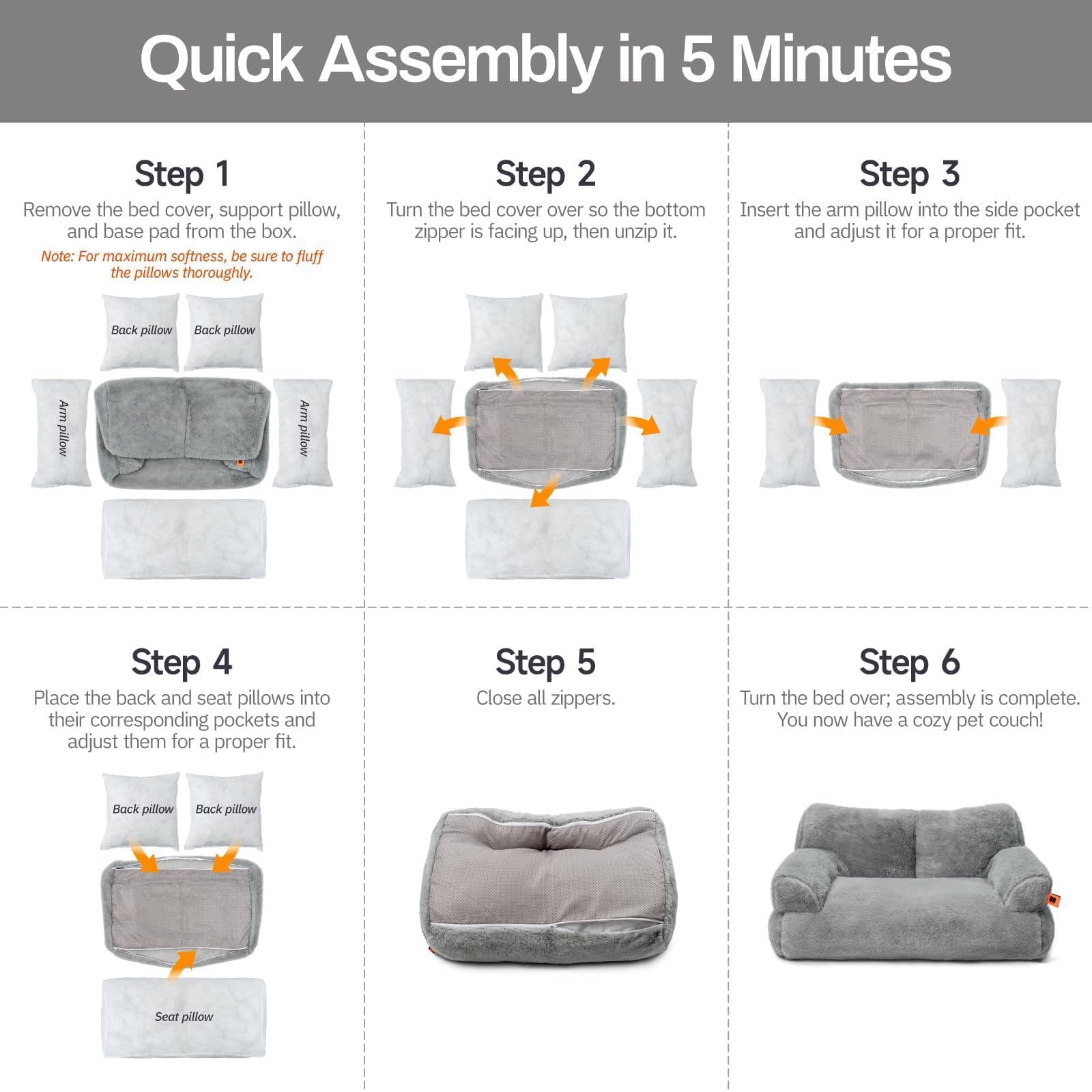 MEWOOFUN Cat Couch Bed for Indoor Cats, Washable Small Dog Beds for Medium Small Dogs & Cats up to 25 lbs, Fluffy Pet Beds with Non-Slip Bottom, 26×19×13 Inch (Grey)