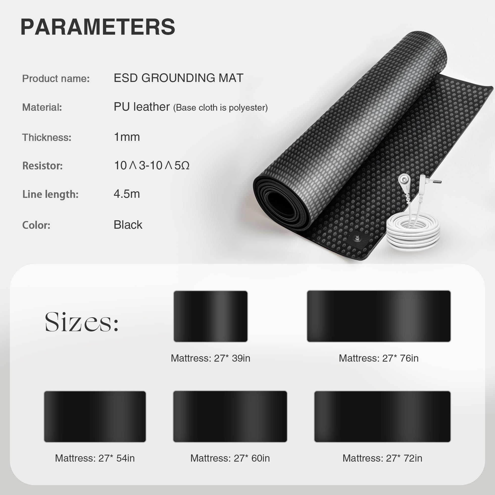 Grounding Mat for Bed, Grounding Pad for Sleep, Anti-Slip PU Leather Grounding Mattress with Grounding Cord, 27''Γ76ββ, King