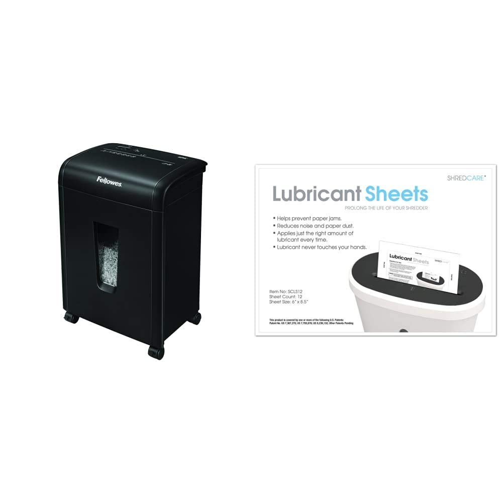 Fellowes 62MC 10-Sheet Micro-Cut Home and Office Paper Shredder with Safety Lock & Shredcare Paper Shredder Lubricant Sheets SCLS12 (Pack of 12) 8.5" x 6"