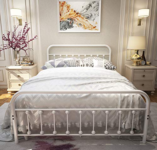 NEEBIRGELIA White Metal Bed Frame Queen Size with Headboard and Footboard Single Platform Mattress Base,Metal Tube and Iron-Art Bed(Queen,Grayish White)