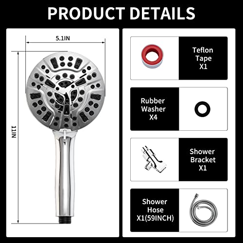 High Pressure Handheld Shower Head, 8-mode Spray Settings + 2 Power Jet Modes Shower Heads, Extra Long 5FT Stainless Steel Hose and Adjustable Bracket for Bath Showerhead (Premium Chrome)