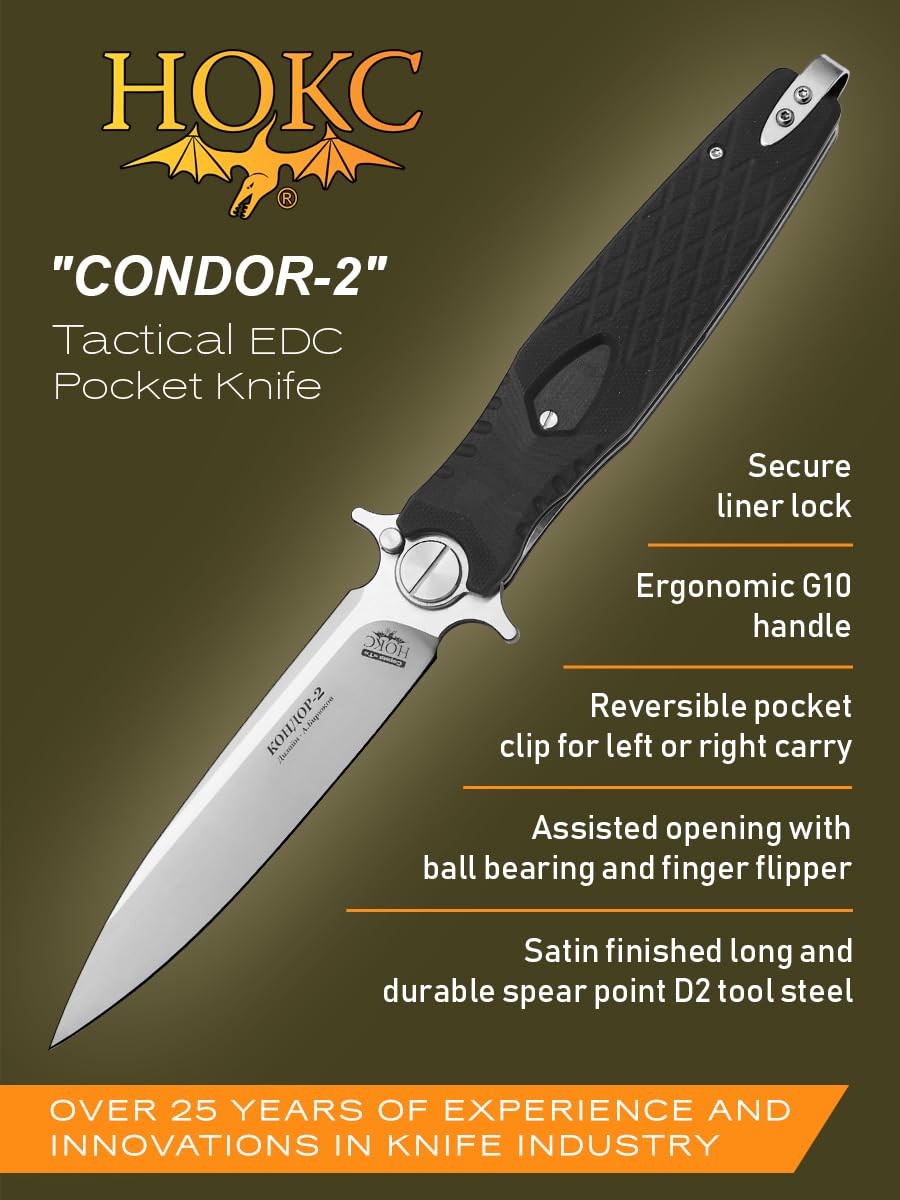 HOKC Condor-2 | 341-100401 | Pocket Knife, EDC Knife by Official Dealer - Designed by Russian Master Aleksander Biryukov - Liner Lock, G10 Handle, Thumb Stud, Finger Flipper, Reversible Pocket Clip, Long and Durable D2 Stainless Tool Steel, Satin Finished