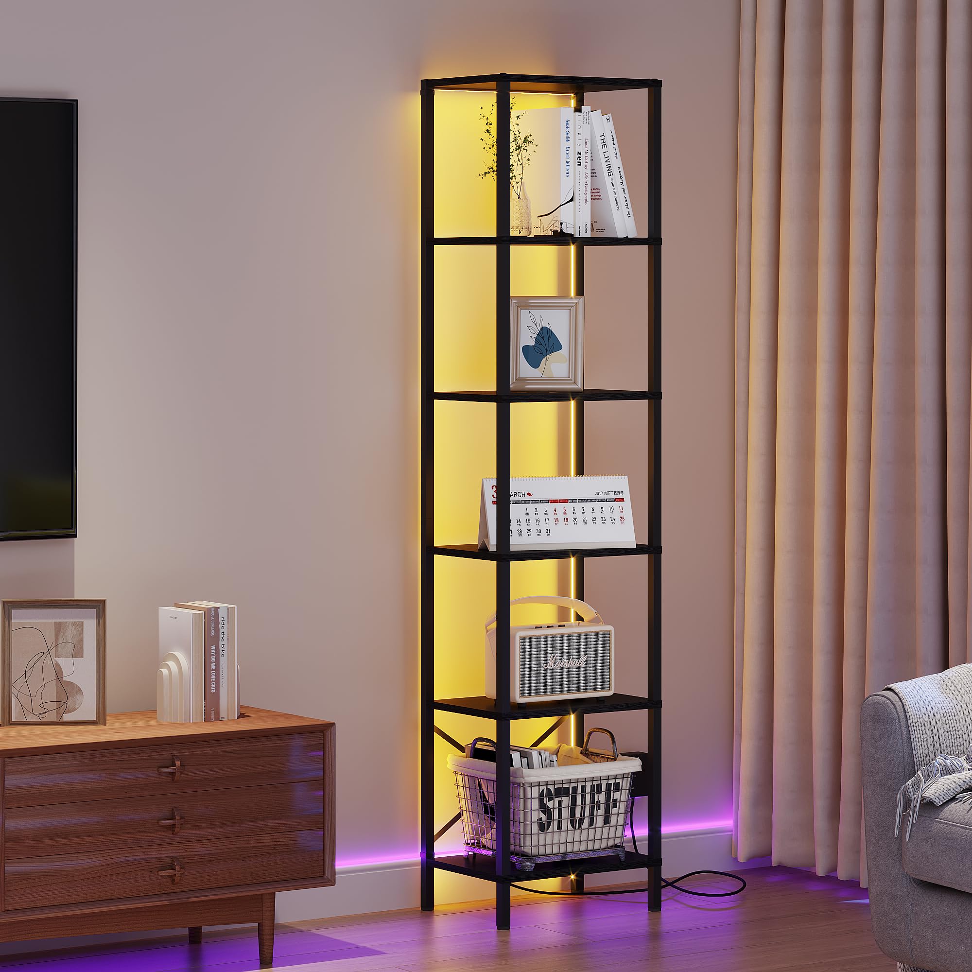 JARHETUN 6-Tier Bookshelf, Tall Narrow Bookcase with LED Lights, Book Shelf with Steel Frame, Display Storage Shelf for Living Room, Bedroom, Home Office, Study, Balcony, Black