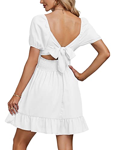 Rooscier Women's Square Neck Puff Short Sleeve Ruffle Elastic Waist Tie Back Mini Dress White Small