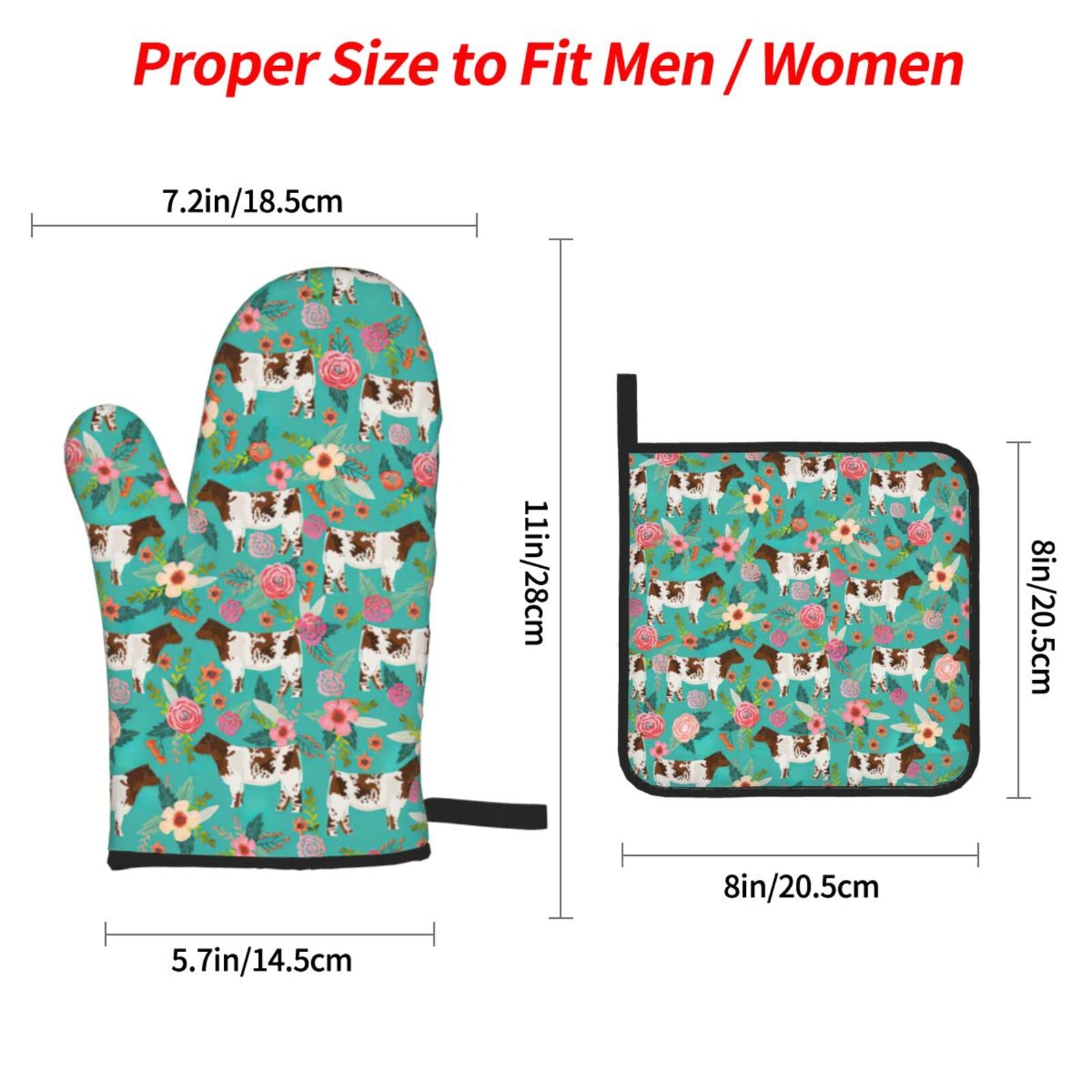 Floral Cow Oven Mitts and Pot Holders Sets, 4 Piece Set, Heat Resistant Polyester Gloves and Pads for Kitchen Cooking Baking Grilling BBQ