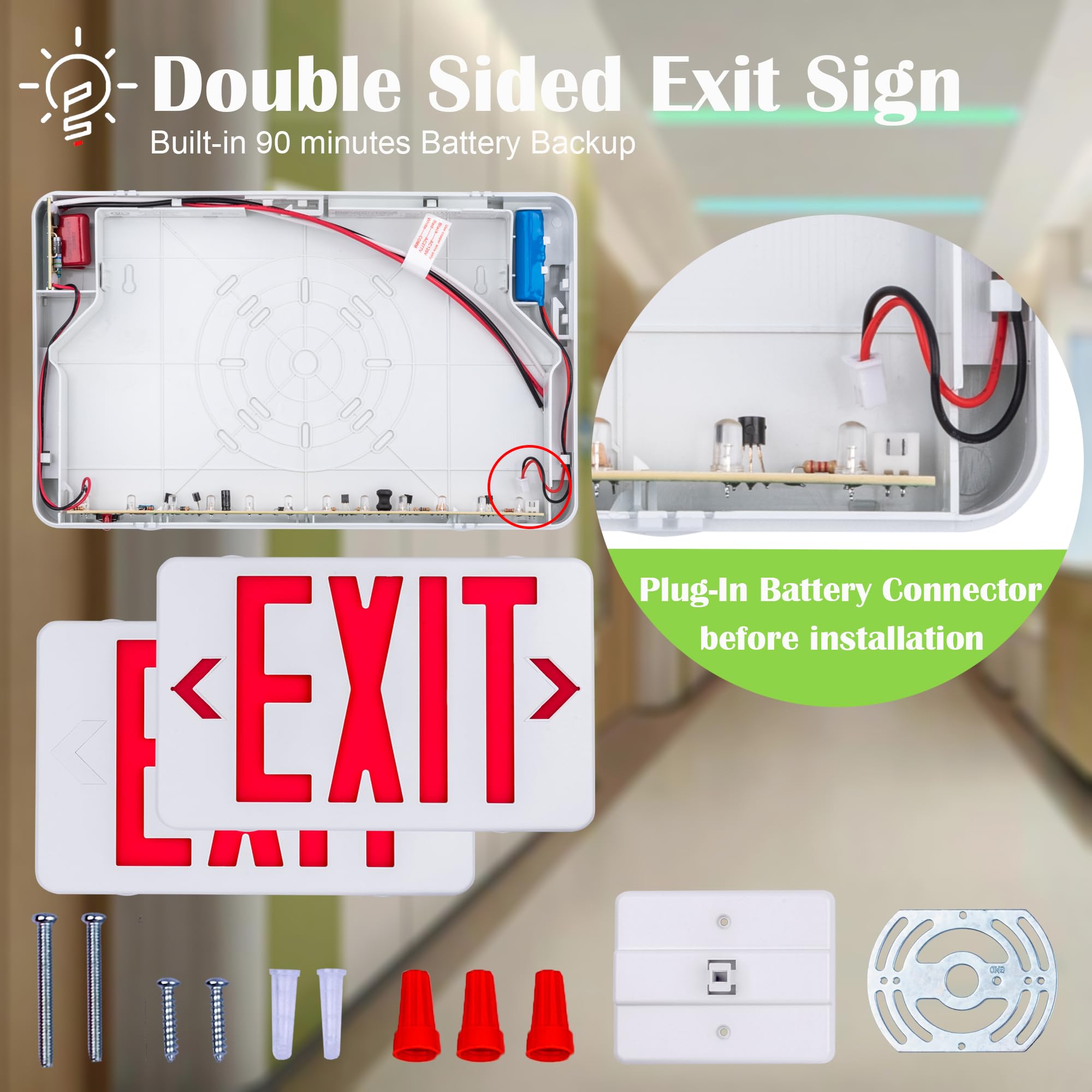 Gruenlich LED Exit Sign, Emergency Light with Double Face and Battery Backup, UL 924 Qualified, AC 120/277V, US Standard Hardwired Red Letter Exit Lights Combo for Business, 1-Pack