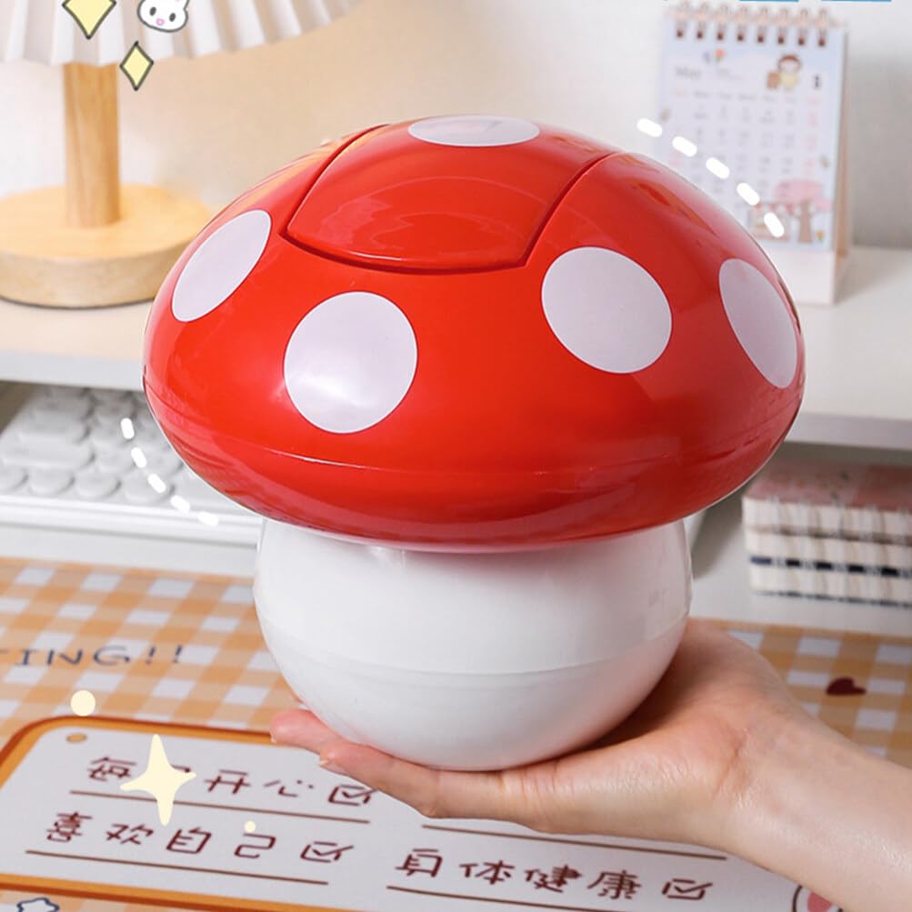 HOLIDYOYO Cute Trash Can Mushroom Waste Bin Desktop Trash Can Wastebasket Mini Desk Trash Can with Lid Creative Tiny Countertop Garbage Can Small Plastic Storage Bin Home Accessory