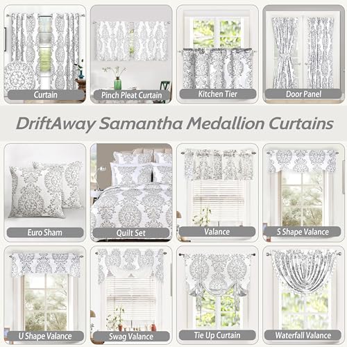 DriftAway Damask Curtains Valances for Windows Farmhouse Style Floral Medallion Patterned Samantha Kitchen Bedroom Livingroom Valance Curtain Single 52 Inch by 18 Inch Plus 2 Inch Header Gray