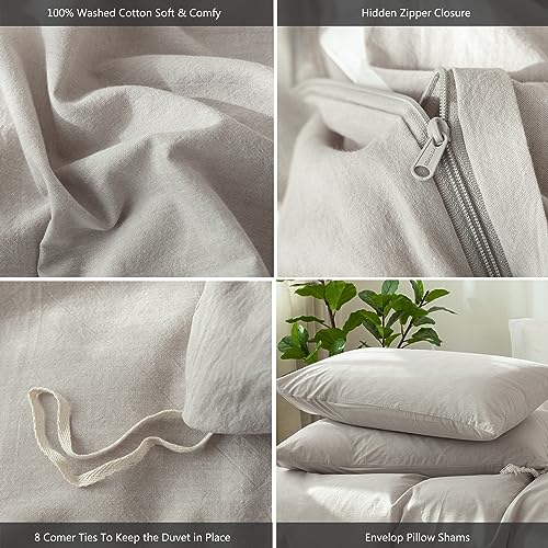 MooMee Bedding Duvet Cover Set 100% Washed Cotton Linen Like Textured Breathable Durable Soft Comfy (New Natural Linen, Queen)