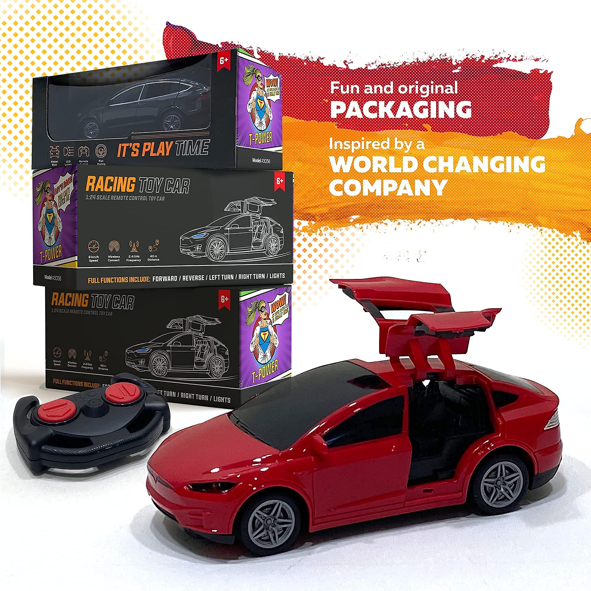 T-Power! Dynamic Remote Control Car 1:24 Scale RC Vehicle Great Gift for Children Remote Control Car Model with Falcon Door in Red Color