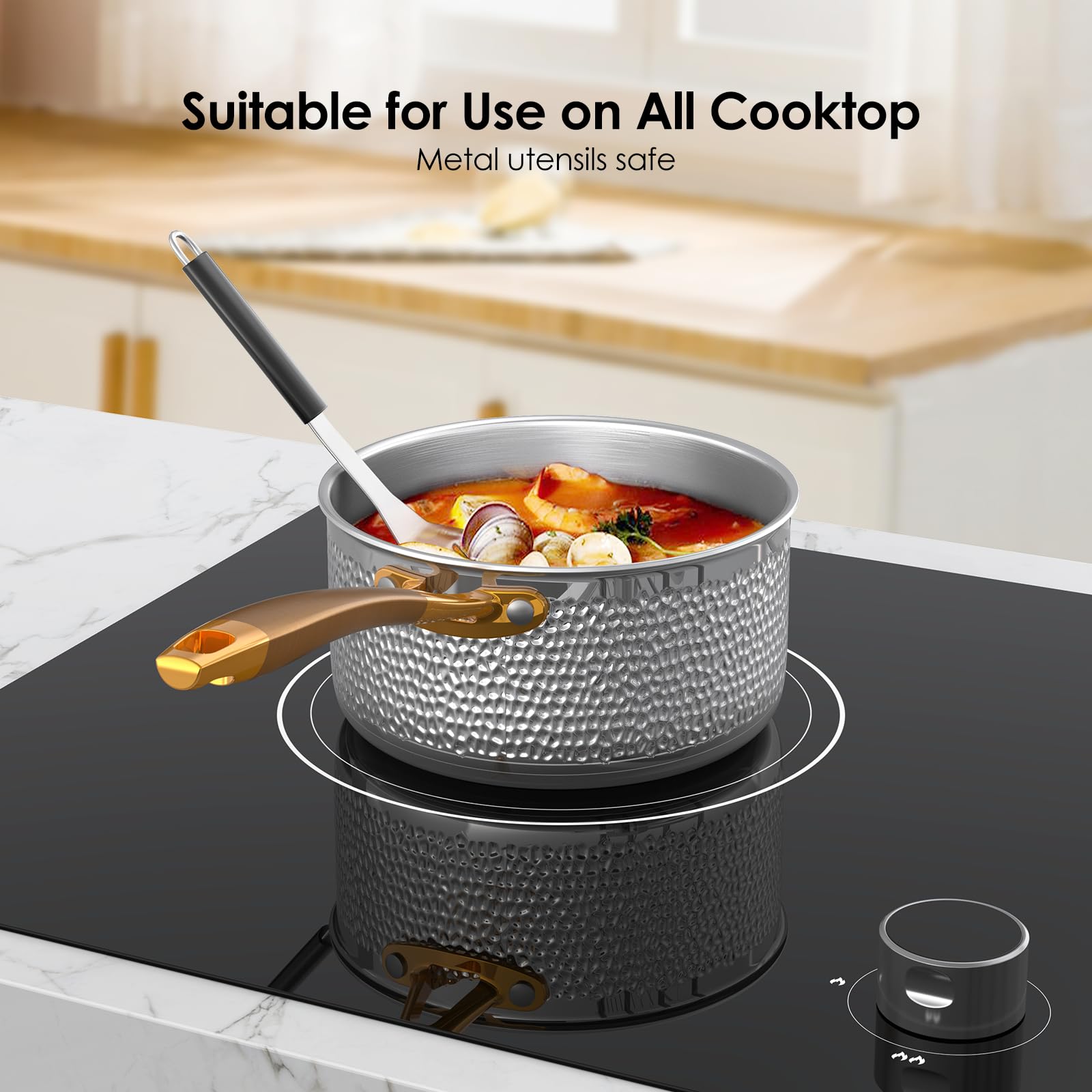 Homaz life 3-Quart Saucepan with Tempered Glass Lid, Tri-Ply Stainless Steel Cookware, Induction Ready, Compatible with All Cooktops, Dishwasher Safe, Non-Toxic, Gold-Colored Stay-Cool Handle