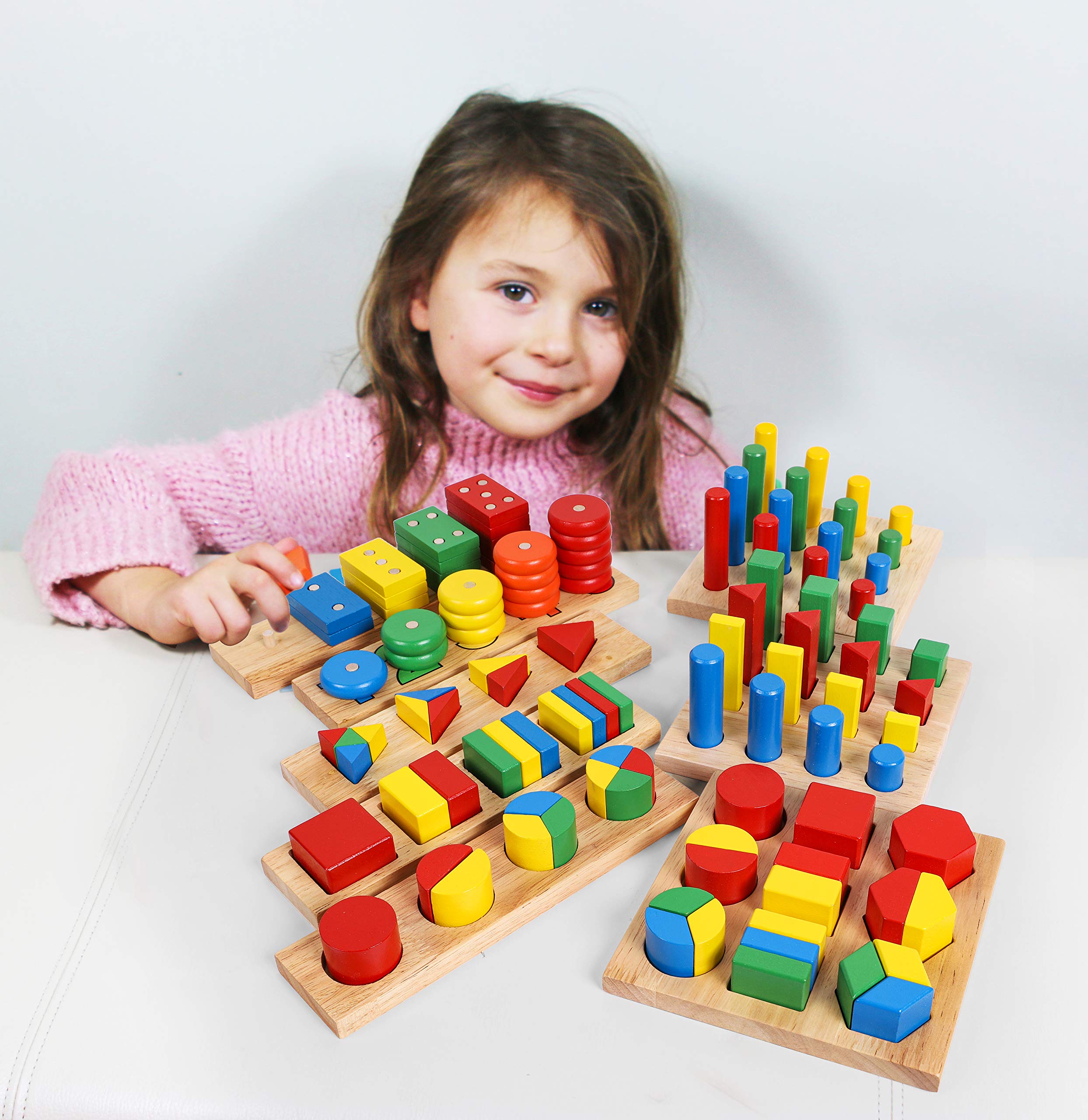 TOWO Wooden Geometric Shapes Stacking Rings and Fractions Boards 8 in 1 Set Puzzles- Shape Sorter Sorting Toy Stacking Game β Montessori Materials Educational Learning Toys for 3 4 5 6 Years