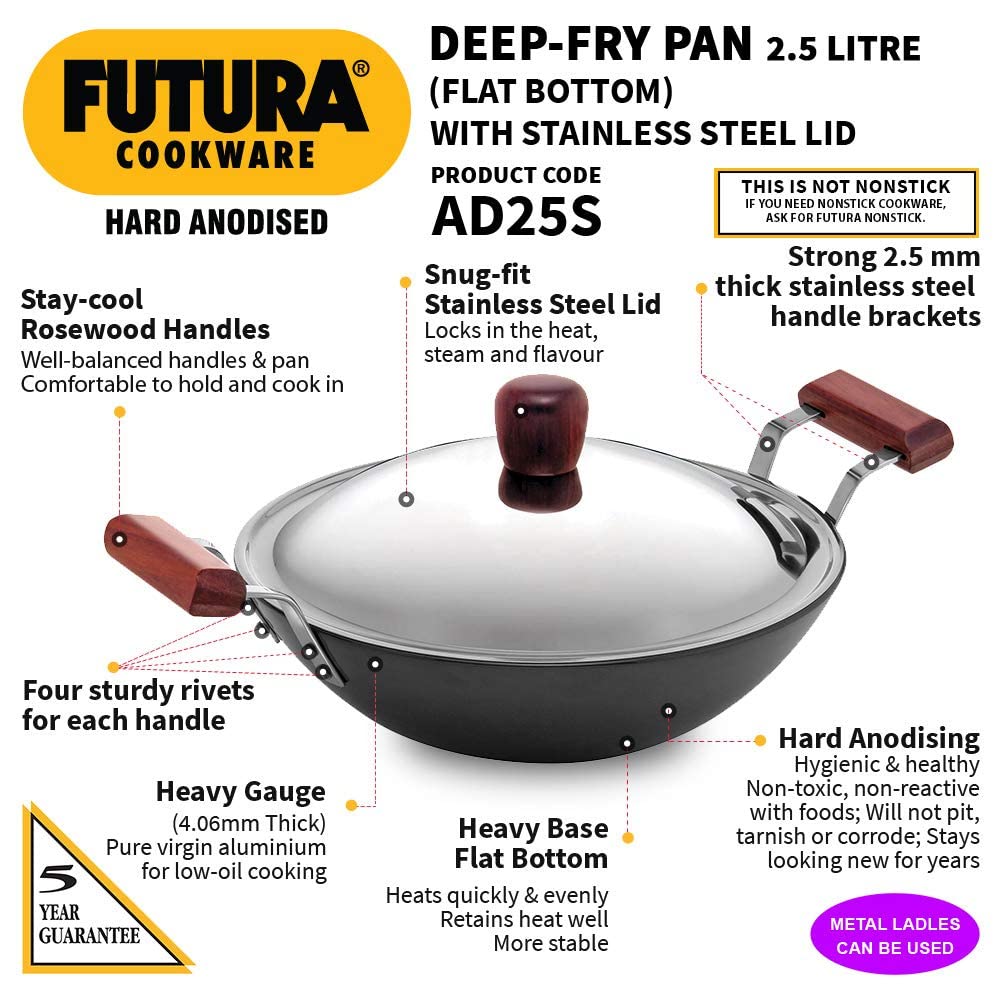 Futura L23 Hawkins Hard Anodised Deep Fry Pan/Kadhai with Flat Bottom and Steel Lid, 2.5 Liter, Small, Black