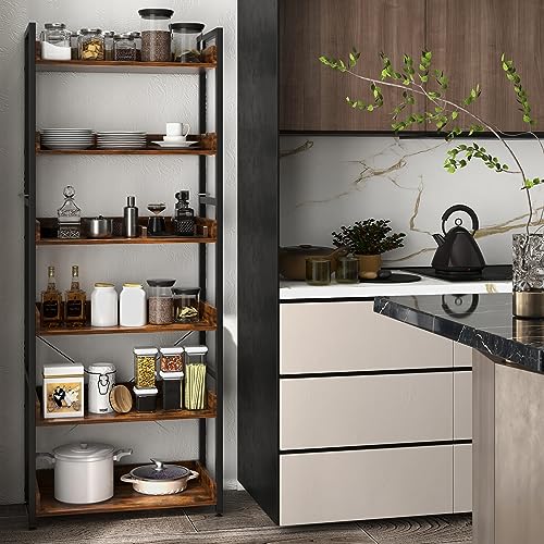 Tangkula 6-Tier Bookshelf, 70β Tall Industrial Bookcase w/Open Shelves & 4 Hooks, Storage Rack w/Metal Frame, Vintage Standing Display Rack for Study Living Room Kitchen (Rustic Brown, 6-Tier)