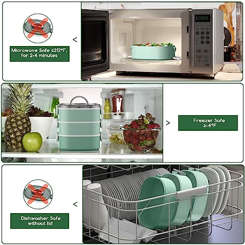 KHOXU Bento Lunch Box, Stackable 3 Layers Bento Box Adult Lunch Box, 94OZ Large Capacity Lunch Containers, Lunch Box Kids with Accessories Kit , Leak-Proof, Food-Safe Materials, Green