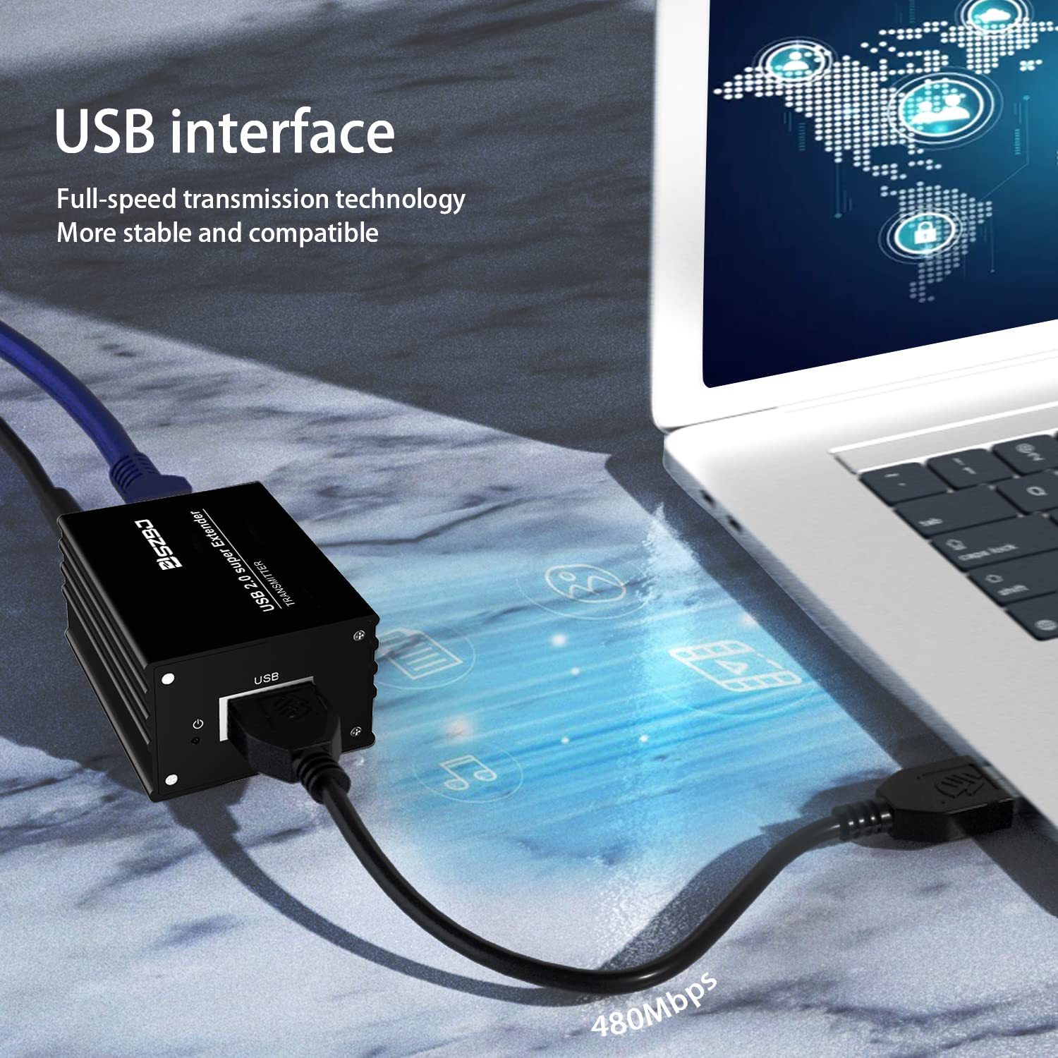 SZBJ USB Extender Over RJ45 Cat5E/6 up to 230ft Ethernet Cable Extender with Power Adapter with 2 USB2.0 Output - Full USB 2.0 Support for Keyboard, Dongle,Mouse, Webcam, and All Operating System 102