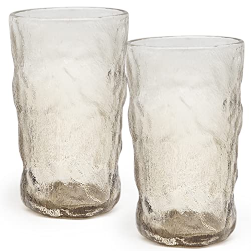 TOSSOW Glass Cups, Heavy Drinking Glasses Set of 2, Glacier Pattern Glassware(12oz) Decoration Mixed Drinks for Wine, Beer, Juice, Mojito and Cocktail-Coffee