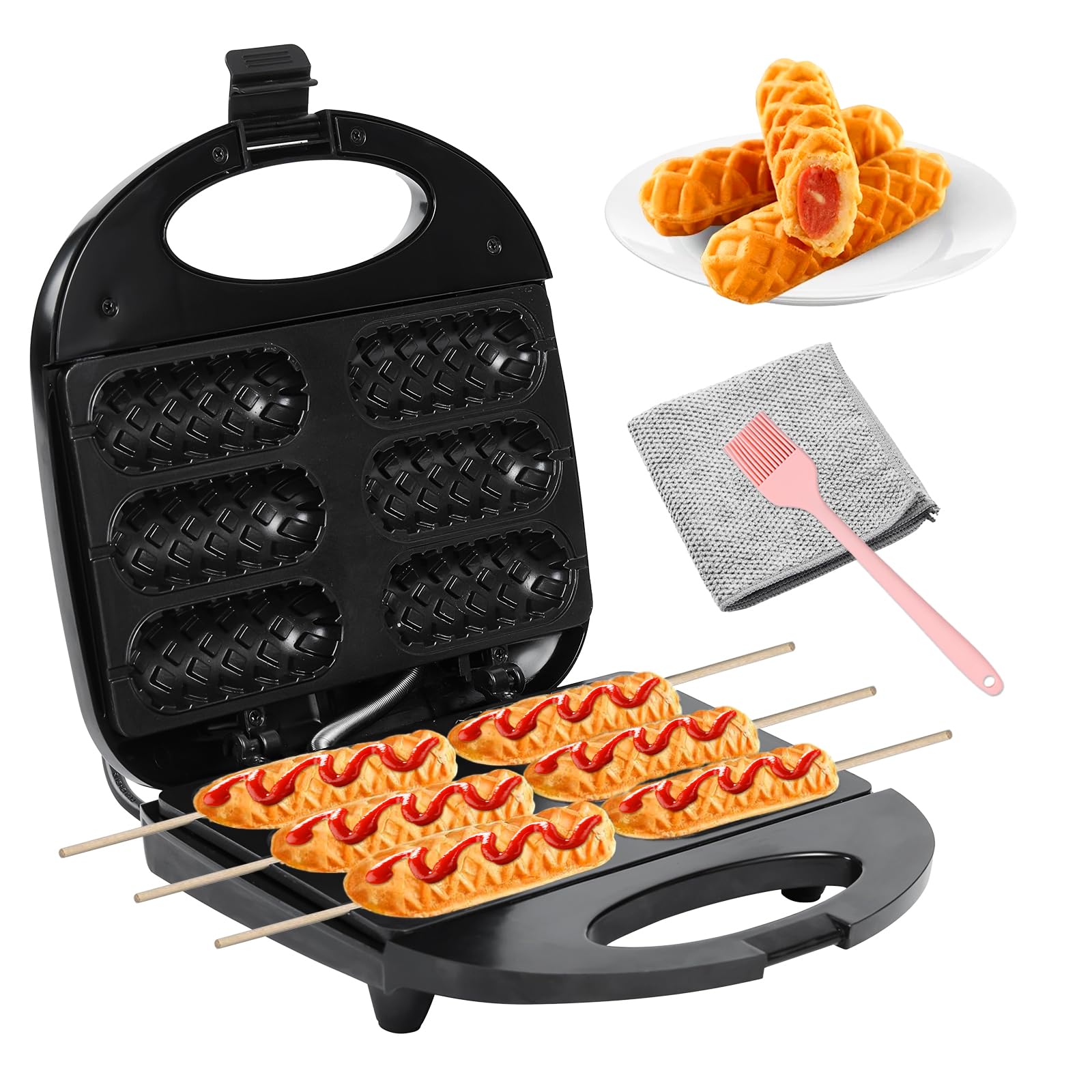 Ht Viik Corn Dog Maker,Hot Dog Waffle Machine,Bake 6 Corn Dogs,Double-sided heating, Non-stick Surface,For Commercial or Family Use,Maker Breakfast, Snacks,Easy to Clean