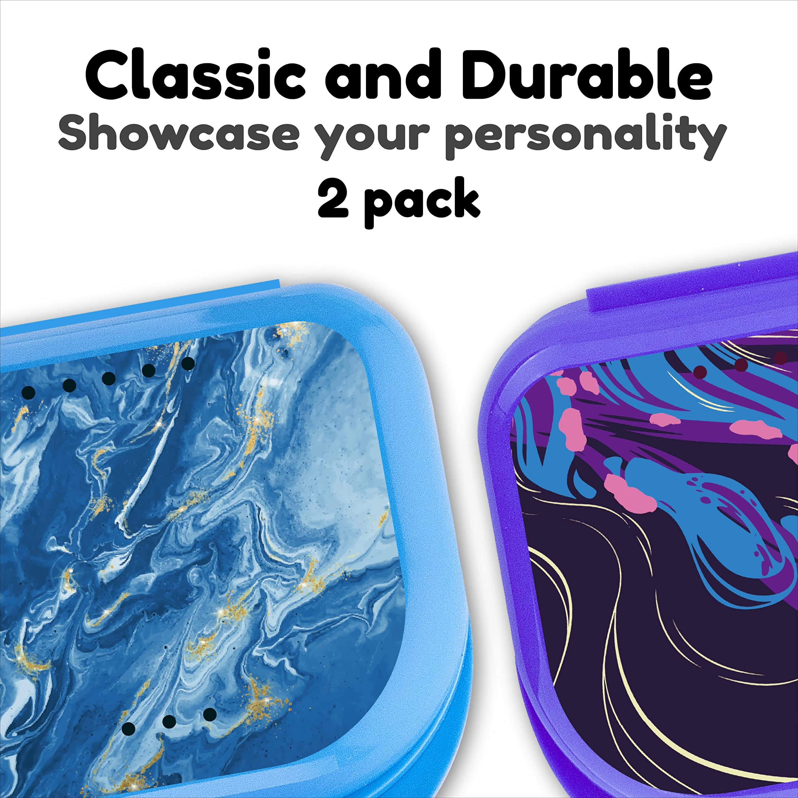 HOUSYLOVE Retainer Cases Cute, Retainer Holder Case 2 Pack, Aligner Case with Colorful Novelty Cute Patterns, Night Guard Case with Liquid Marble Patterns (Blue, Purple)