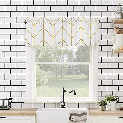 Window Valance Light Filtering Valances Curtains Modern Chevron Geometric White and Gold Lightweight Window Treatment Rod Pocket Valances for Living Room/Kitchen,54 x 18 Inch,1 Panel