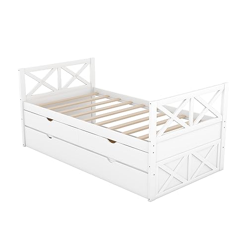 TARTOP Daybed with Pull Out Trundle, Daybed with 2 Storage Drawers, Captain Daybed with Trundle, Twin Sofa Bed with Trundle for Bedroom Living,White