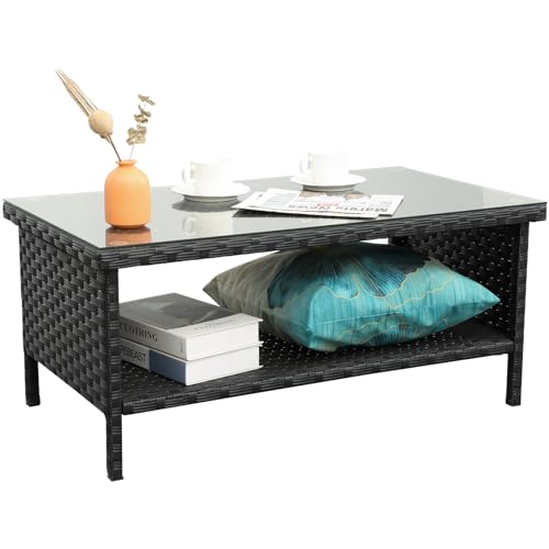 Outdoor Wicker Coffee Table Patio Furniture Garden Rattan 2-Layer Glass Table with Storage and Furniture Cover, Black