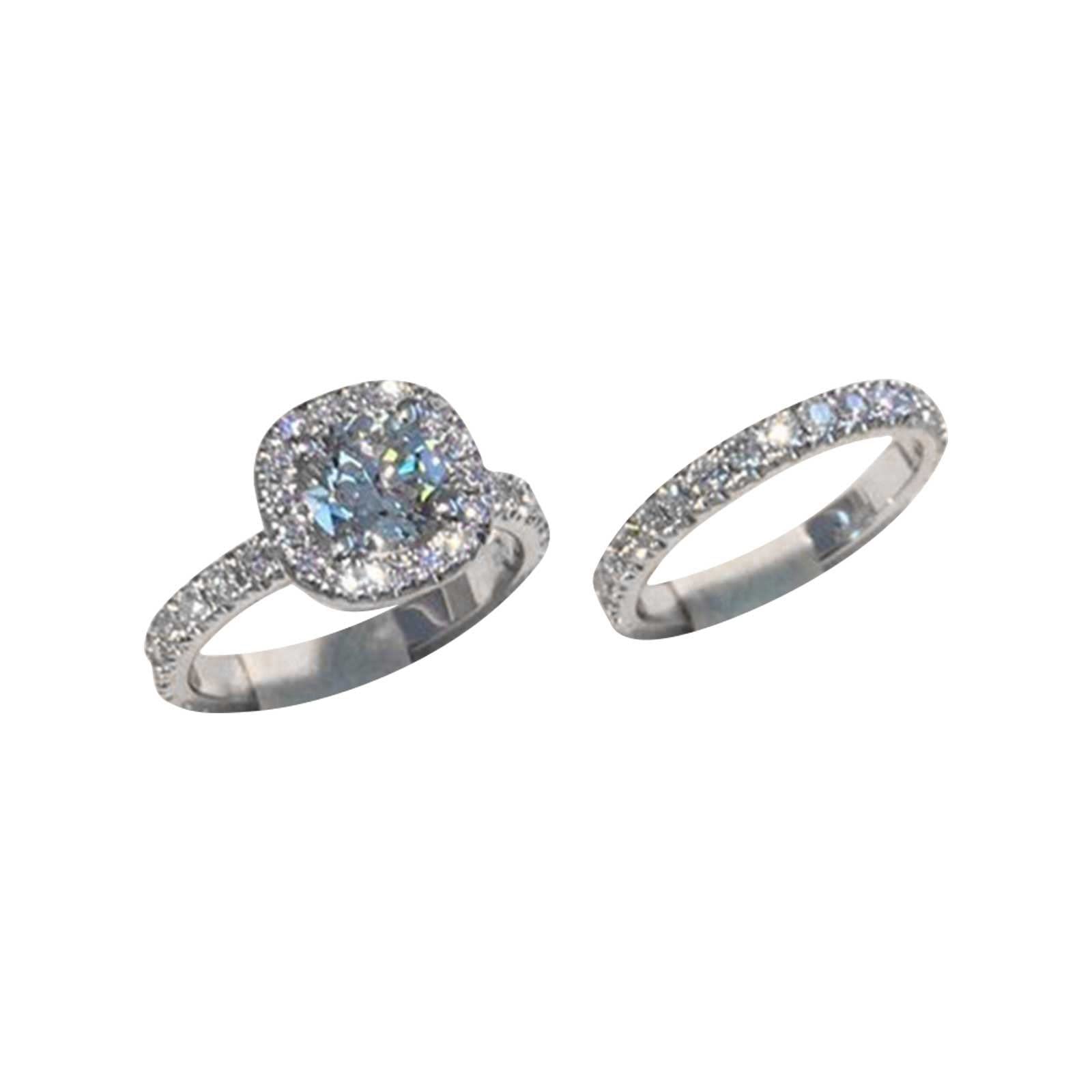 FUELEGO 2pcs Full Diamond Ring Set for Women Exquisite Stackable Square Diamond Engagement Wedding Jewelry Birthday Valentine's Day Gifts