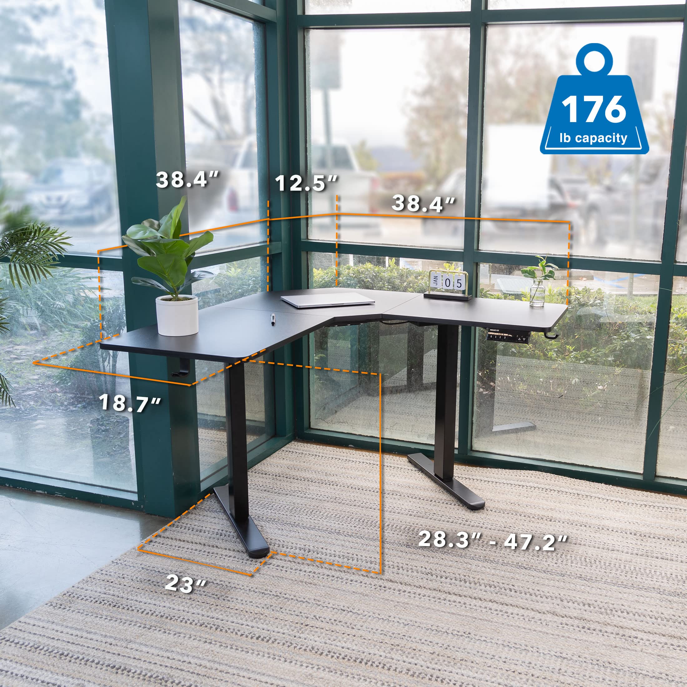 Mount-It! Electric Height Adjustable Corner Stand Up Desk, Black Steel Frame L-Shaped Standing Workstation for Corners, Automatic Sit Stand Desk, Smoothly Raises from 28.3" to 47.2", Home Office