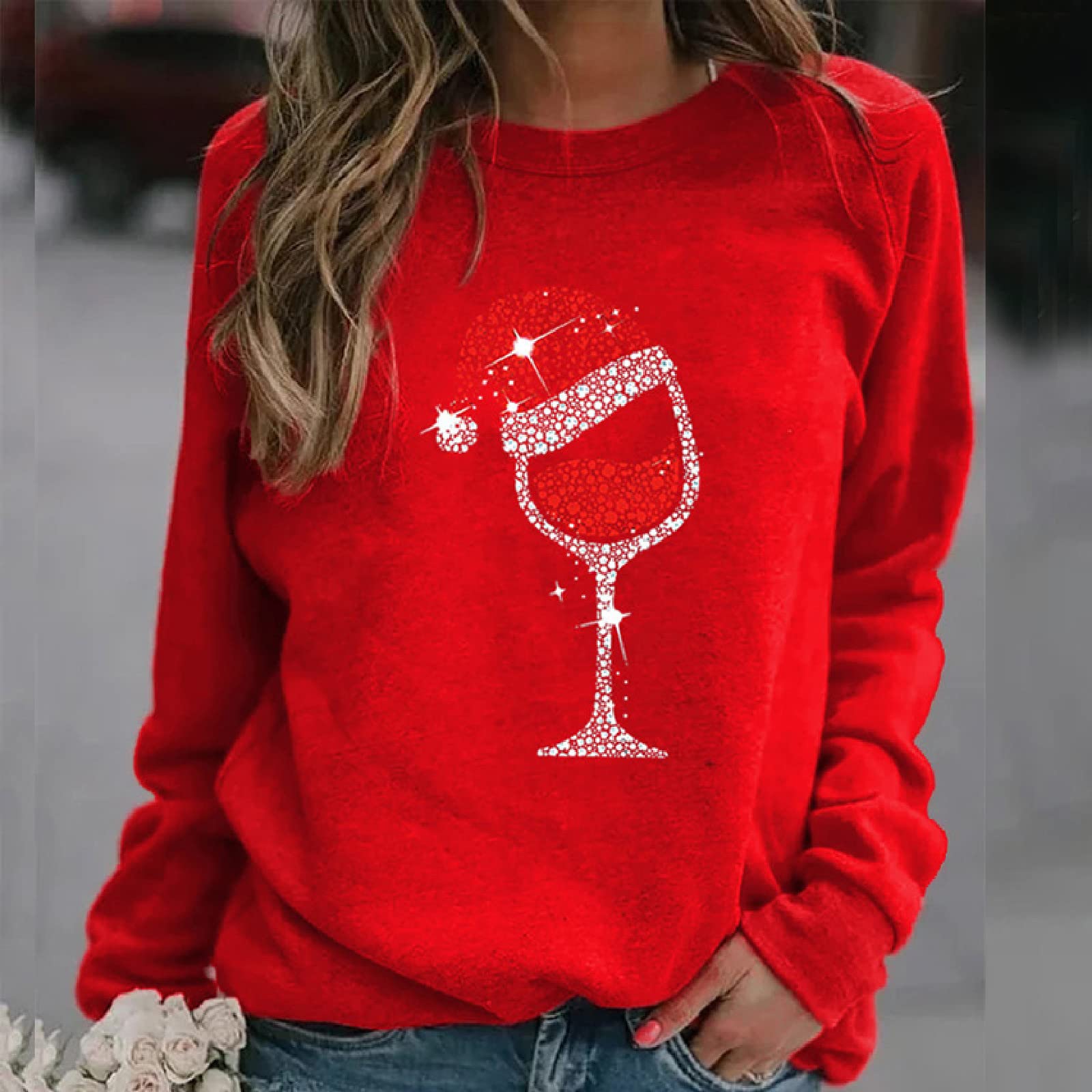GuangYuan Women Hoodies Pullover Plain Fashion Hoodies Oversized Long Sleeve Tees Flowy All-match Pullovers Christmas Tops Red