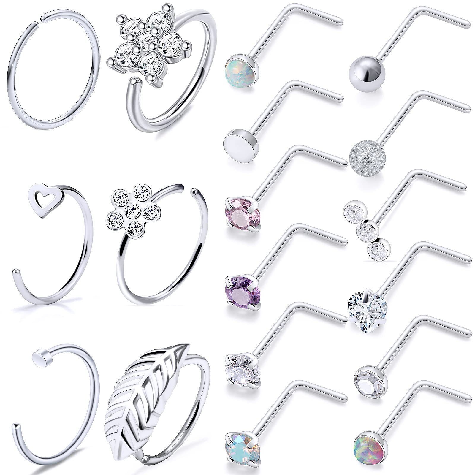 Eakxnig 20G Surgical steel Nose rings hoops L Shaped nose Stud CZ Opal Flower nose piercing Kit nostril Piercing Studs Small Nose Sutd Cute Nose Piercing Studs