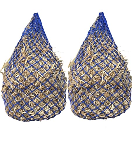 Majestic Ally 2 Pcs 1.25”x1.25” Holes Ultra Slow Feed 36” Very Sturdy Hay Net with Bottom Ring for Horses, Goat, Travel Feeder for Trailer and Stall, Reduces Waste (Royal Blue)