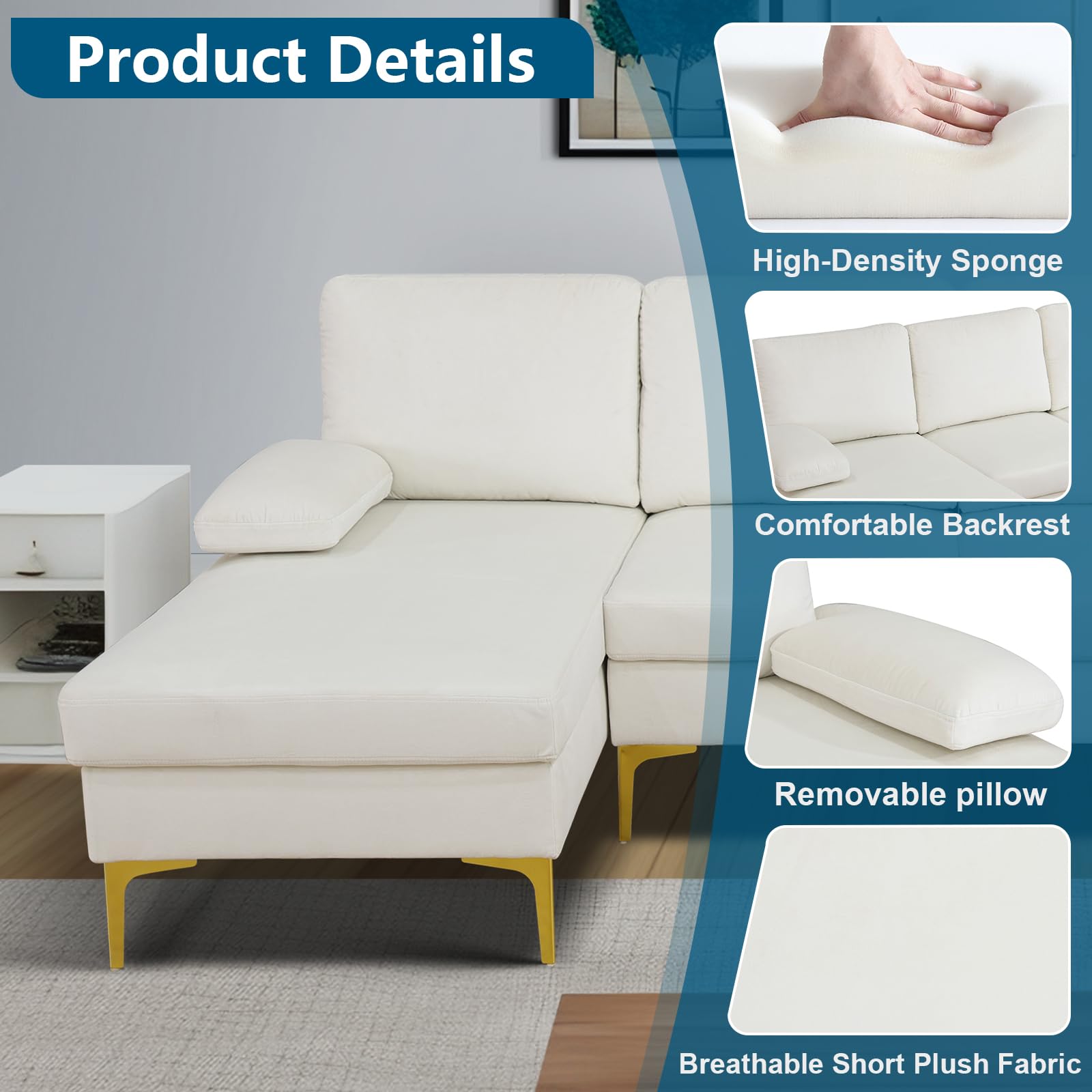 HZANHY Convertible Sectional Sofa Couch, 4 Seat Sofa Set for Living Room U-Shaped Modern Fabric Modular Sofa Sleeper with Double Chaise, Short Plush Fabric Sofa Couch (White)