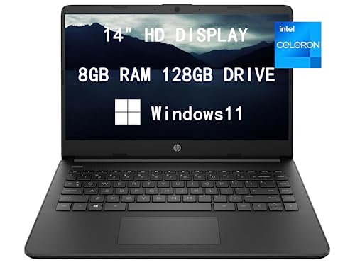 HP 2023 Newest Upgraded Laptops for College Student & Business, 14'' HD Computer, Intel Celeron N4120 Quad-Core, 8GB RAM, 128GB(64GB SSD+64GB Card) Fast Charge, Windows 11, Black (14-dq0051dx)