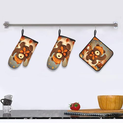 Dancing Thanksgiving Bear Oven Mitts and Pot Holders Set–Ultimate Heat Resistant Set for Kitchen and Dining