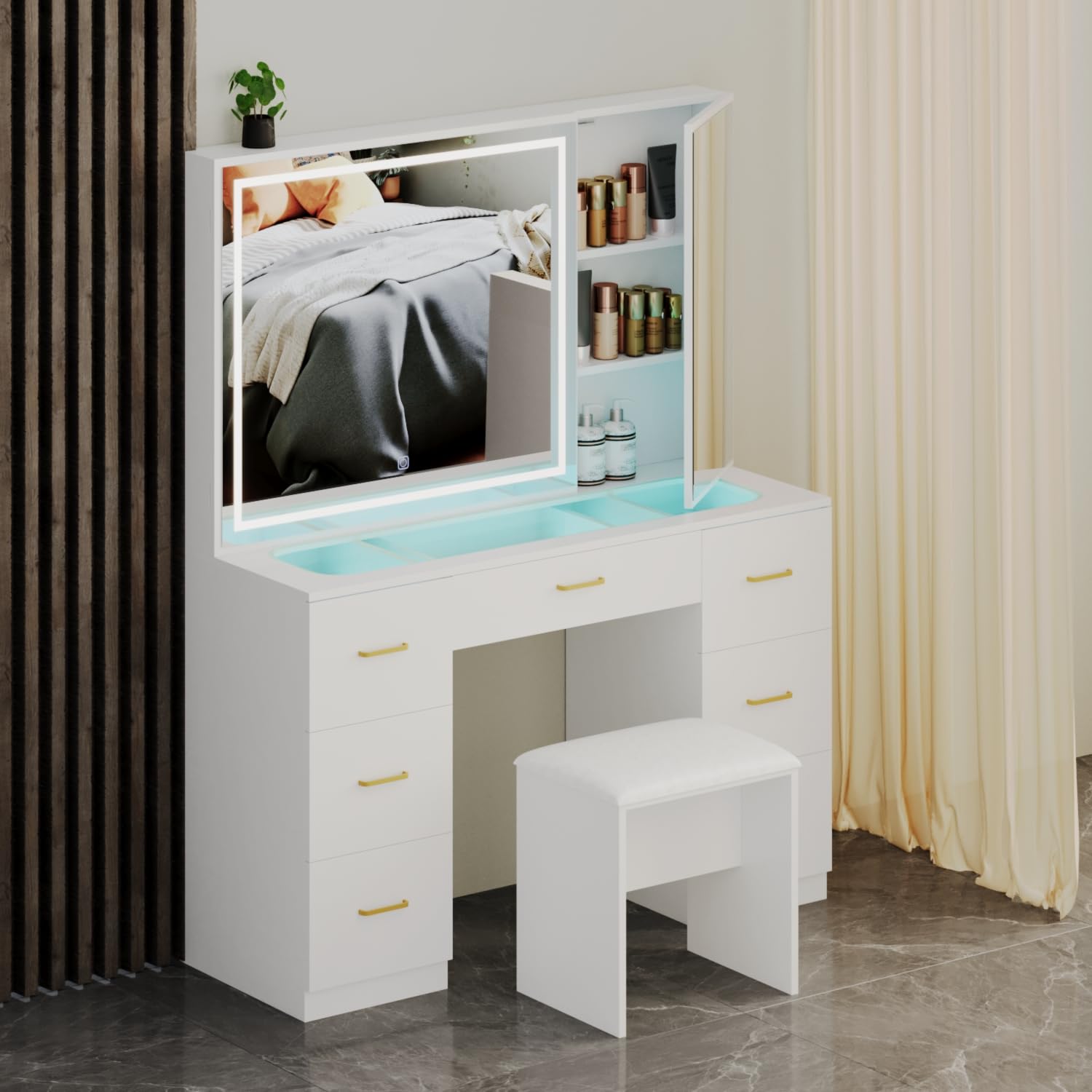 Jartoil Large Lighted Vanity Desk, 7 Drawers & Transparent Glass Tabletop, Adjustable Lighting - for Women, Girls (White-Glass Tabletop)