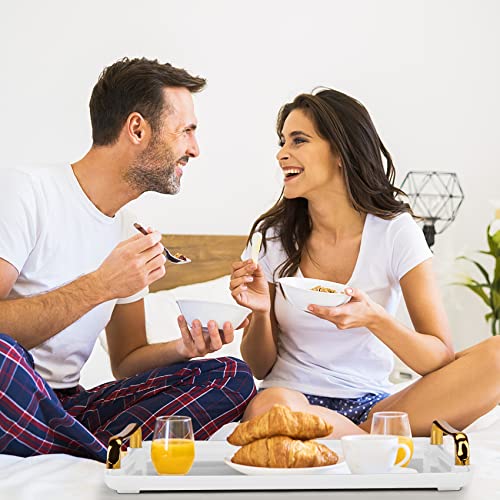Serving Tray with Handles, 2 Pack (16inches & 12inches) White Plastic Serving Trays for Breakfast, Decorative Trays with Gold Handles for Coffee Table & Living Room