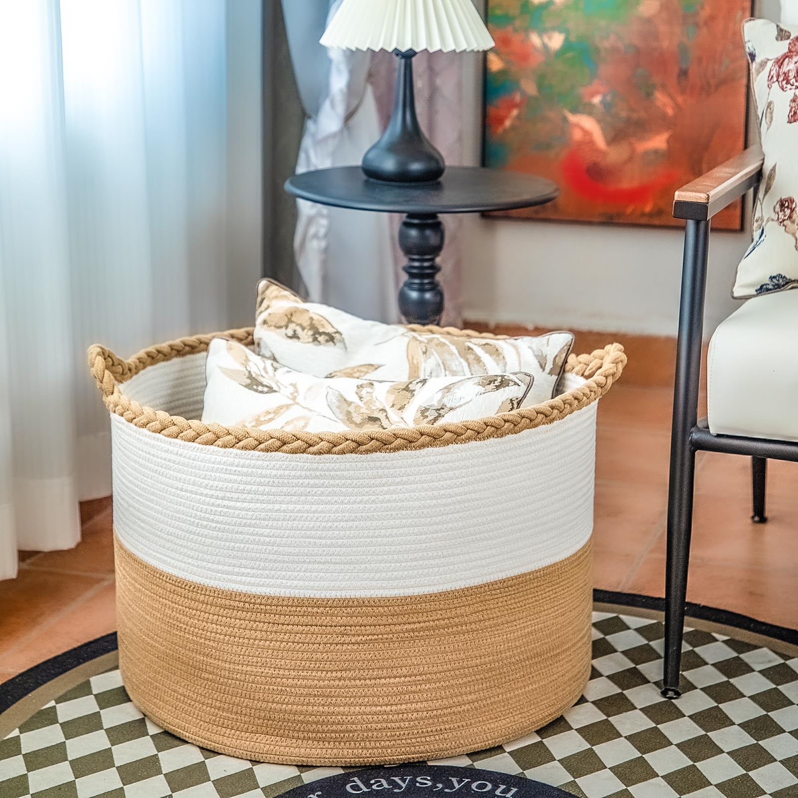 Homlikelan 87L Oversize Laundry Hamper,Cotton Rope Clothes Hamper,Woven Laundry Basket,Storage Basket for Blanket,Toys,Laundry Bin,Brown&White