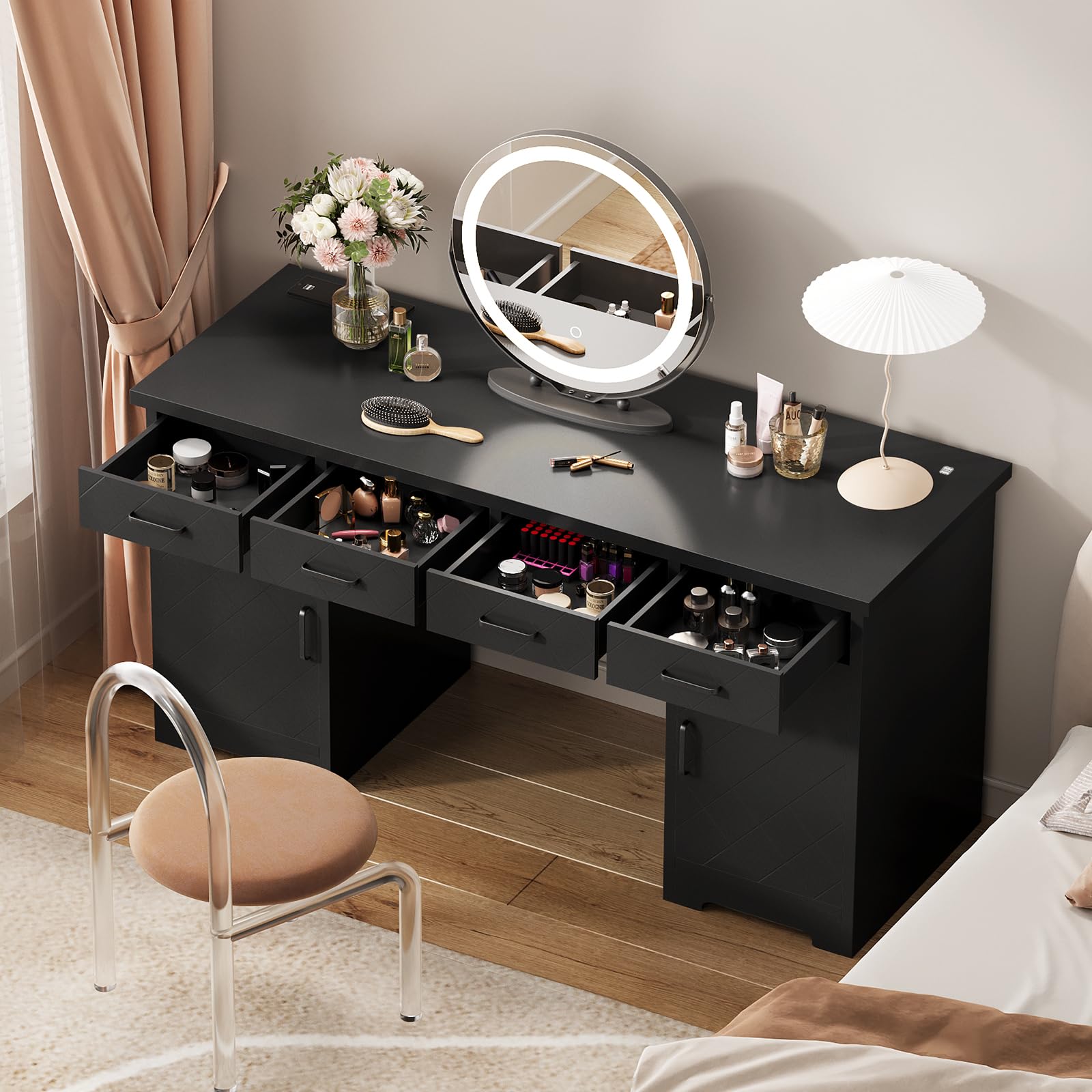 Jojoka 55" Executive Desk, Wood Computer Desk with Drawers and Cabinet, Home Office Desk with Charging Station for Work Study Writing