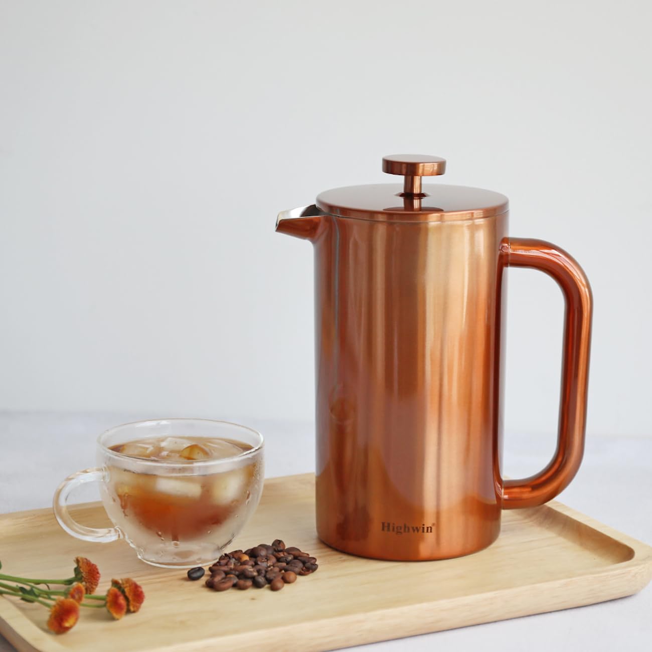 Highwin 8-Cup Double Wall Insulated Stainless Steel French Coffee Press, 32-Ounce Durable Coffee Tea Maker with Stainless Steel Plunger, Copper