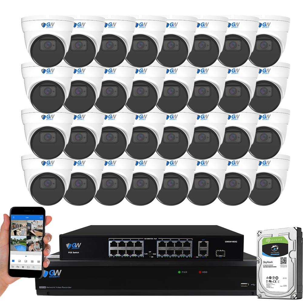 GW Security 64 Channel NVR UltraHD 12MP 4K @30FPS Face/Human/Vehicle Detection PoE Security Camera System with 32 x 12MP IP Microphone Smart AI Dome Cameras, Color Night Vision, Outdoor/Indoor Camera