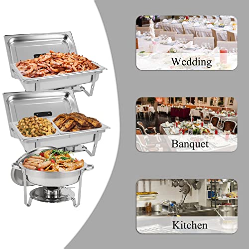 Restlrious Chafing Dish Buffet Set 6 Pks, Stainless Steel 5QT Round & 8QT Rectangle Foldable Chafers & Buffet Warmers Set, w/Full & Half Size Food Pan, Water Pan, Fuel Holder & Lid for Catering Event