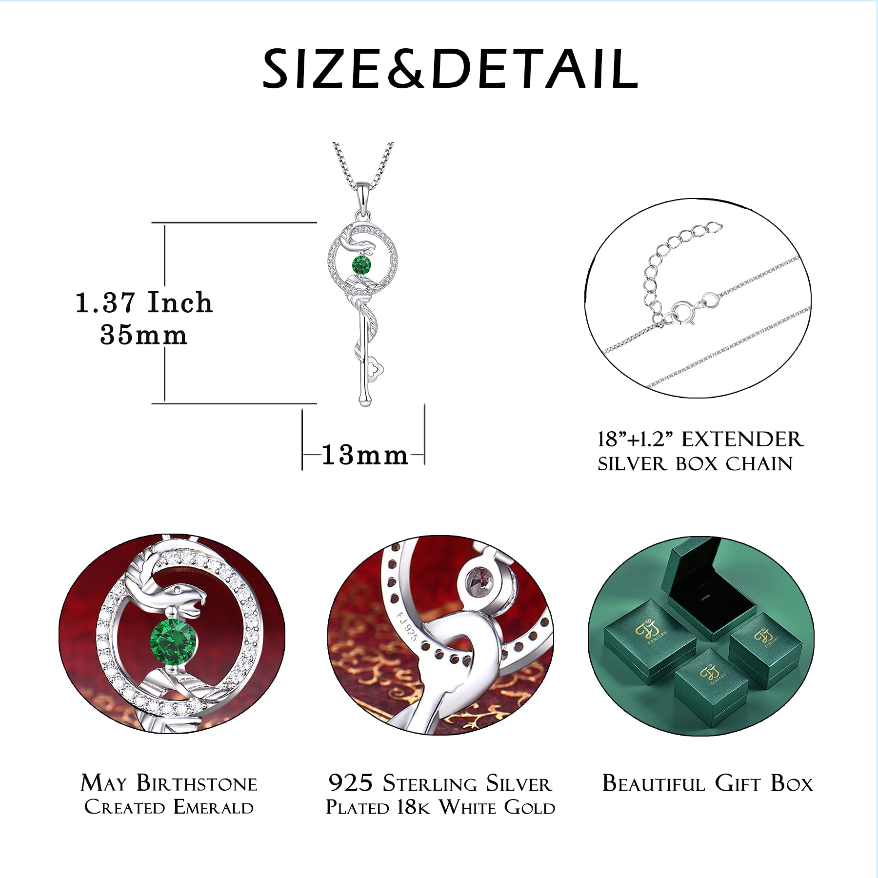 FJ Snake Key Pendant Necklace May Emerald Birthstone Women Wicca Jewelry