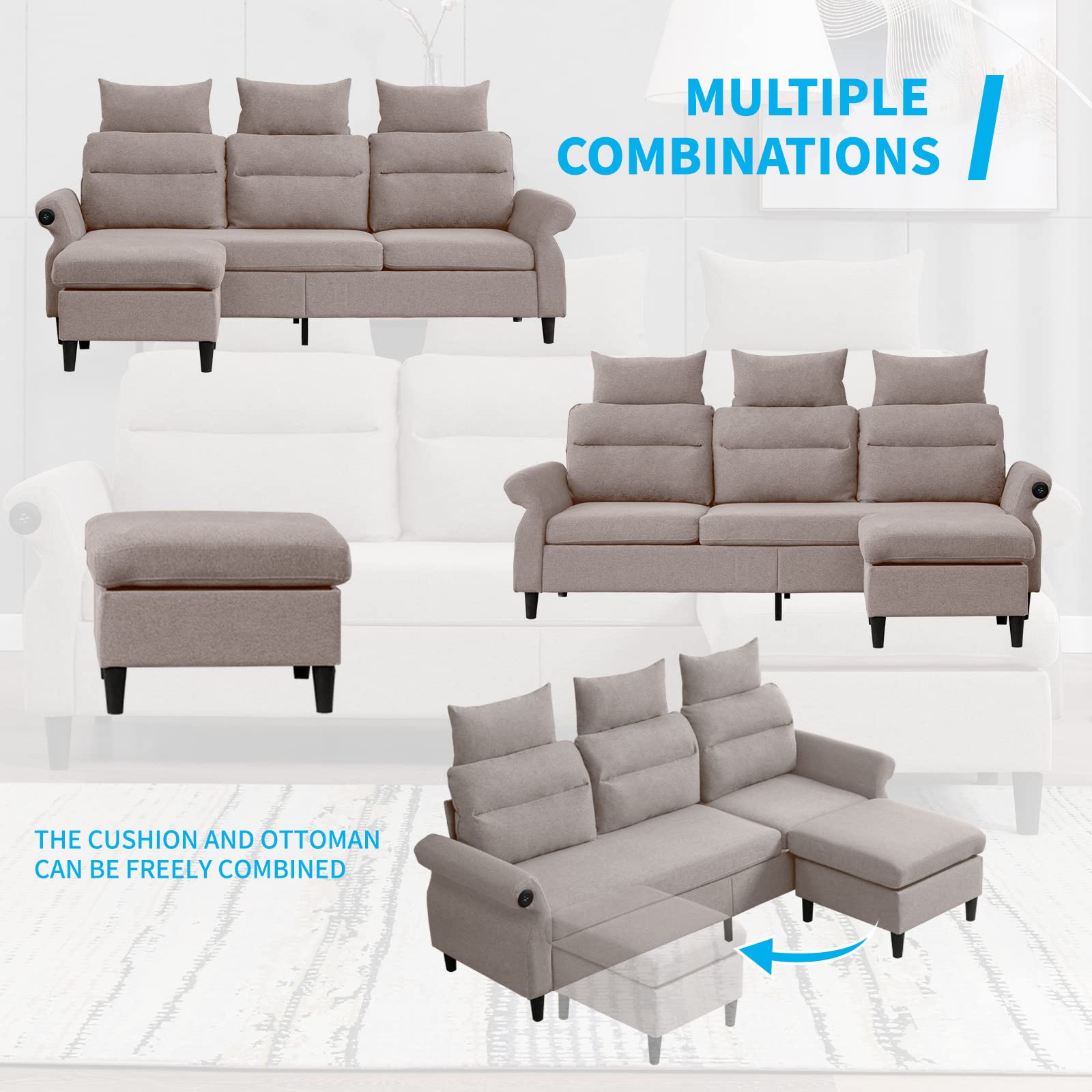 Mjkone Convertible Sectional Sofa Couch, 3 Seat L Shaped Headrest Sofa with 2 USB Ports and Adjustable Armrest, 88" W Modular Sectional Sofa Set with Storage Ottoman for Living Room, Beige