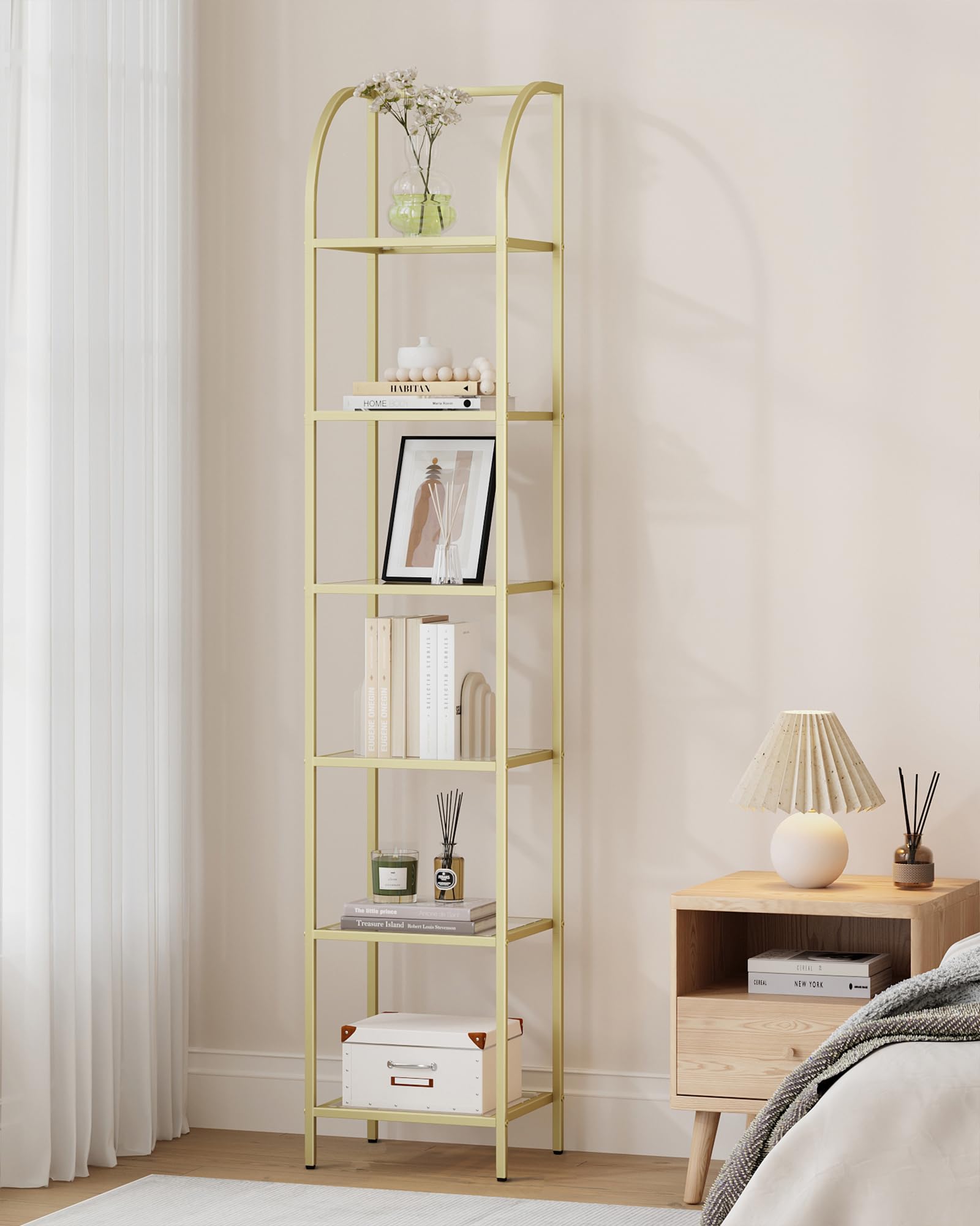 Hzuaneri Bookcase Bookshelf, Tempered Glass Arched Bookshelf for More Storage, Slim Shelving Unit for Bedroom, Bathroom, Home Office, Steel Frame, 6 Tier Gold BC20699G