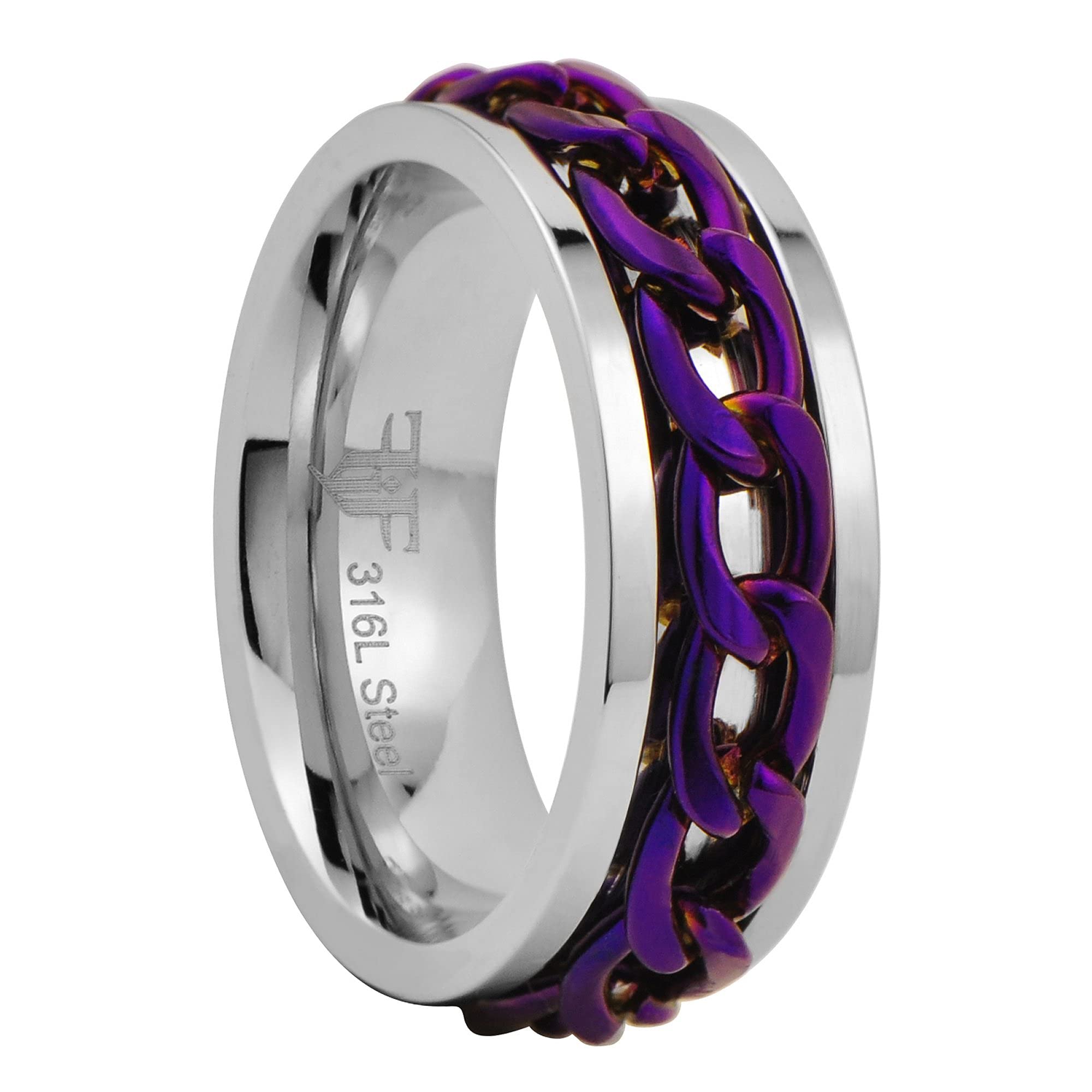 Fantasy Forge Jewelry Purple Chain Spinner Ring Womens Mens Stainless Steel Meditation Anti Anxiety Band Sizes 5-17 (14)