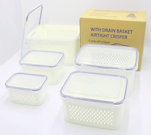 Set of 5 with Drain Basket Fruit Storage Containers , King Size to Mini Tall Airtight Fridge Fresh Produce organizer , used for food Frozen Vegetable and Salad, refrigerator veggie saver keeper
