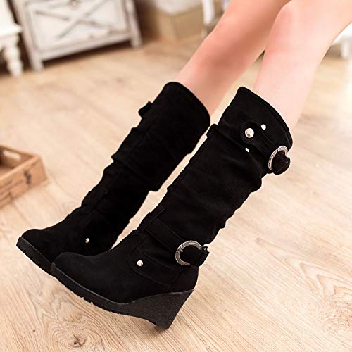 FASDNENDYS Womens Mid Knee High Boots Women's Winter Flat Shoe Round Toe Thicken Wedges Half Foot Insole Black